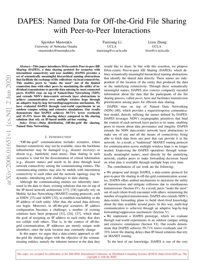 DAPES: Named Data for Off-the-Grid File Sharing with Peer-to-Peer ...