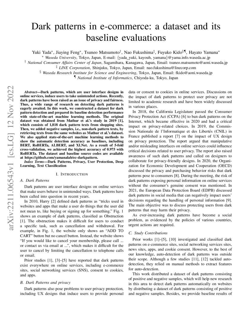 Dark patterns in e-commerce: a dataset and its baseline evaluations | DeepAI