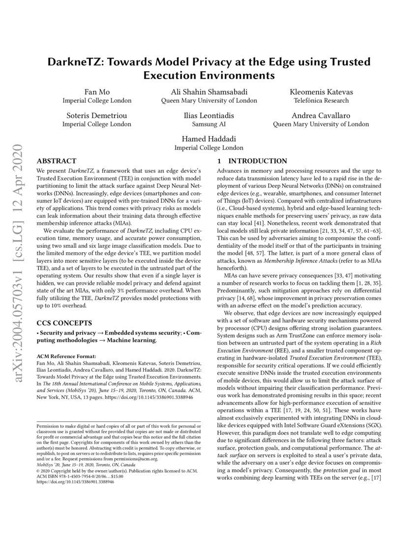DarkneTZ: Towards Model Privacy at the Edge using Trusted Execution Environments | DeepAI