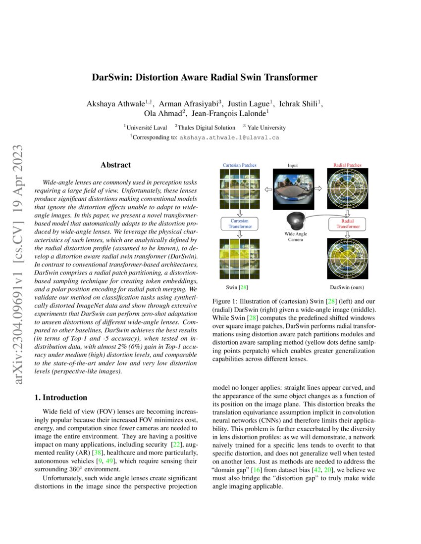 DarSwin: Distortion Aware Radial Swin Transformer | DeepAI