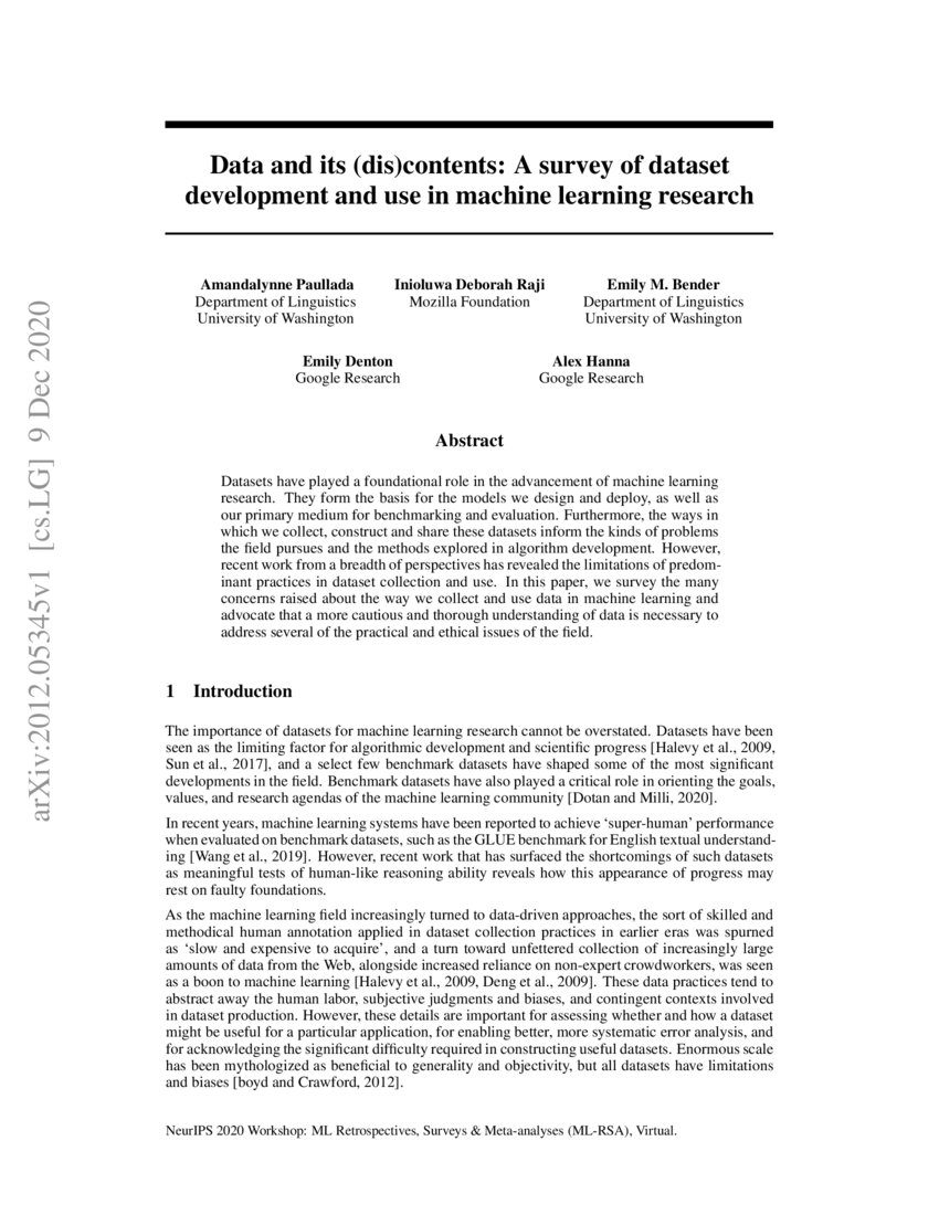 Data and its (dis)contents: A survey of dataset development and use in ...