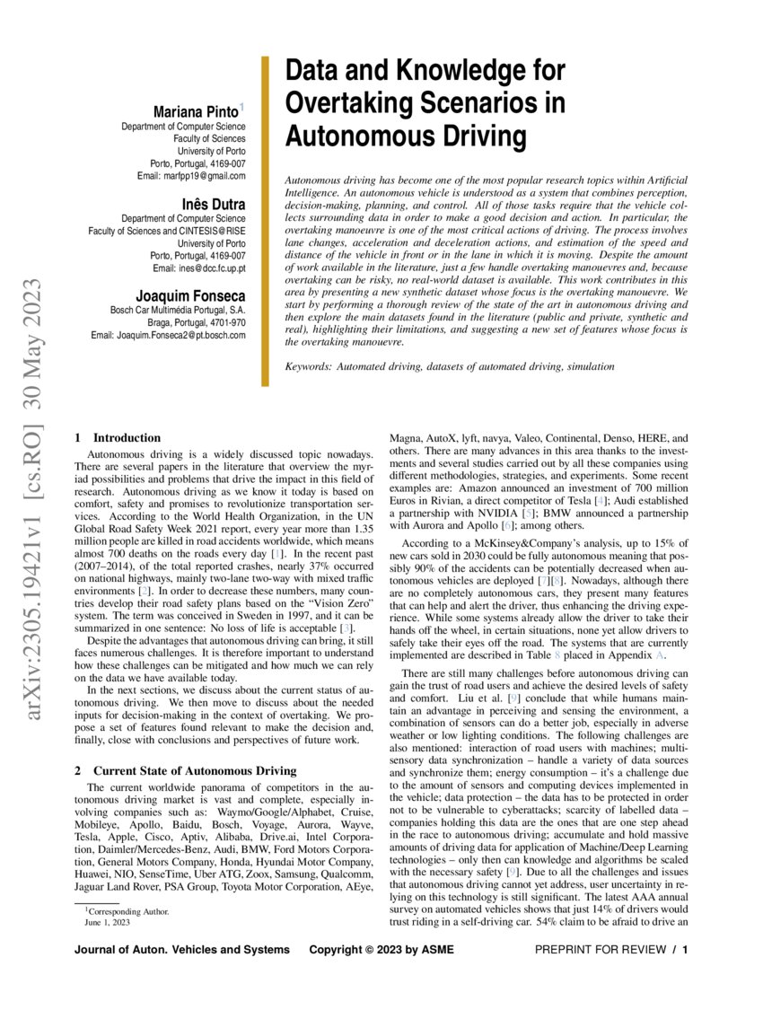 Data and Knowledge for Overtaking Scenarios in Autonomous Driving | DeepAI