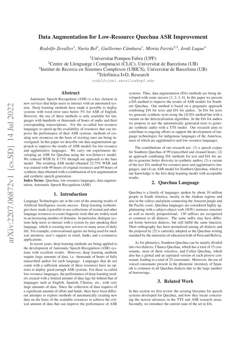 Data Augmentation For Low Resource Quechua Asr Improvement Deepai