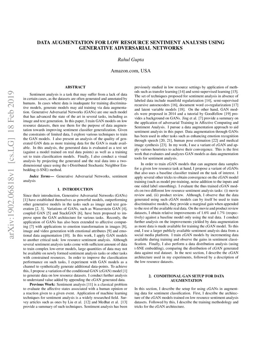 Data augmentation for low resource sentiment analysis using generative adversarial networks | DeepAI