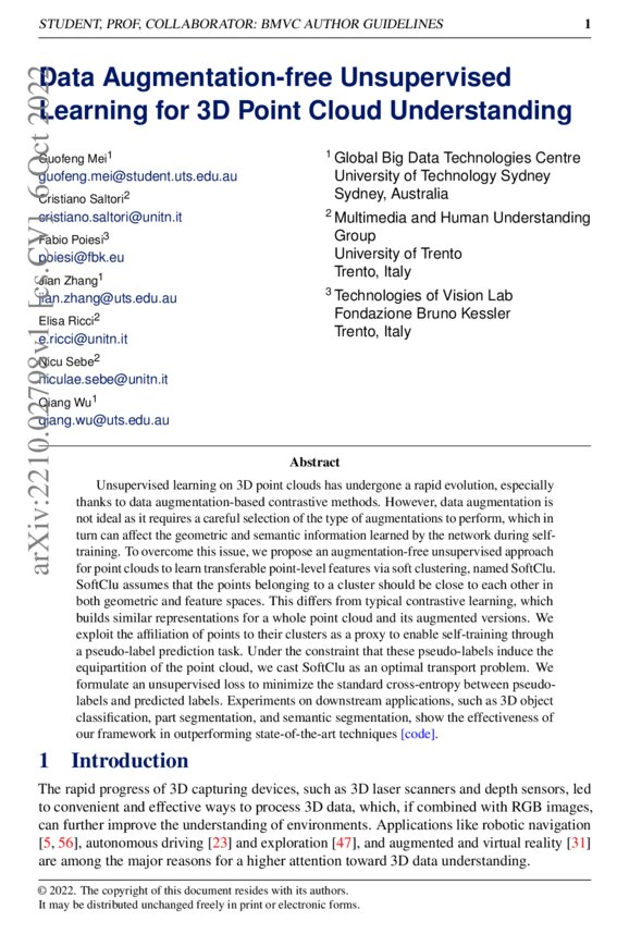 Data Augmentation-free Unsupervised Learning for 3D Point Cloud ... Data Augmentation-free Unsupervised Learning for 3D Point Cloud ...