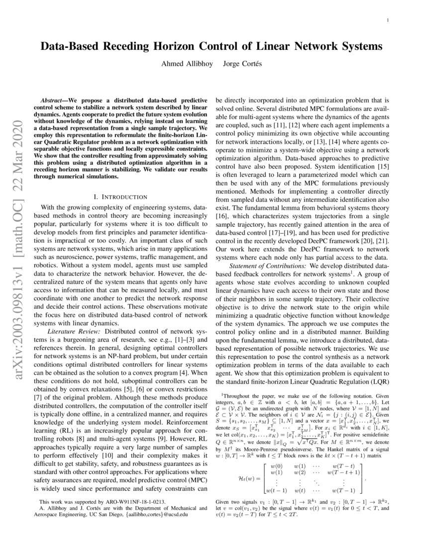 Data-based Receding Horizon Control of Linear Network Systems | DeepAI