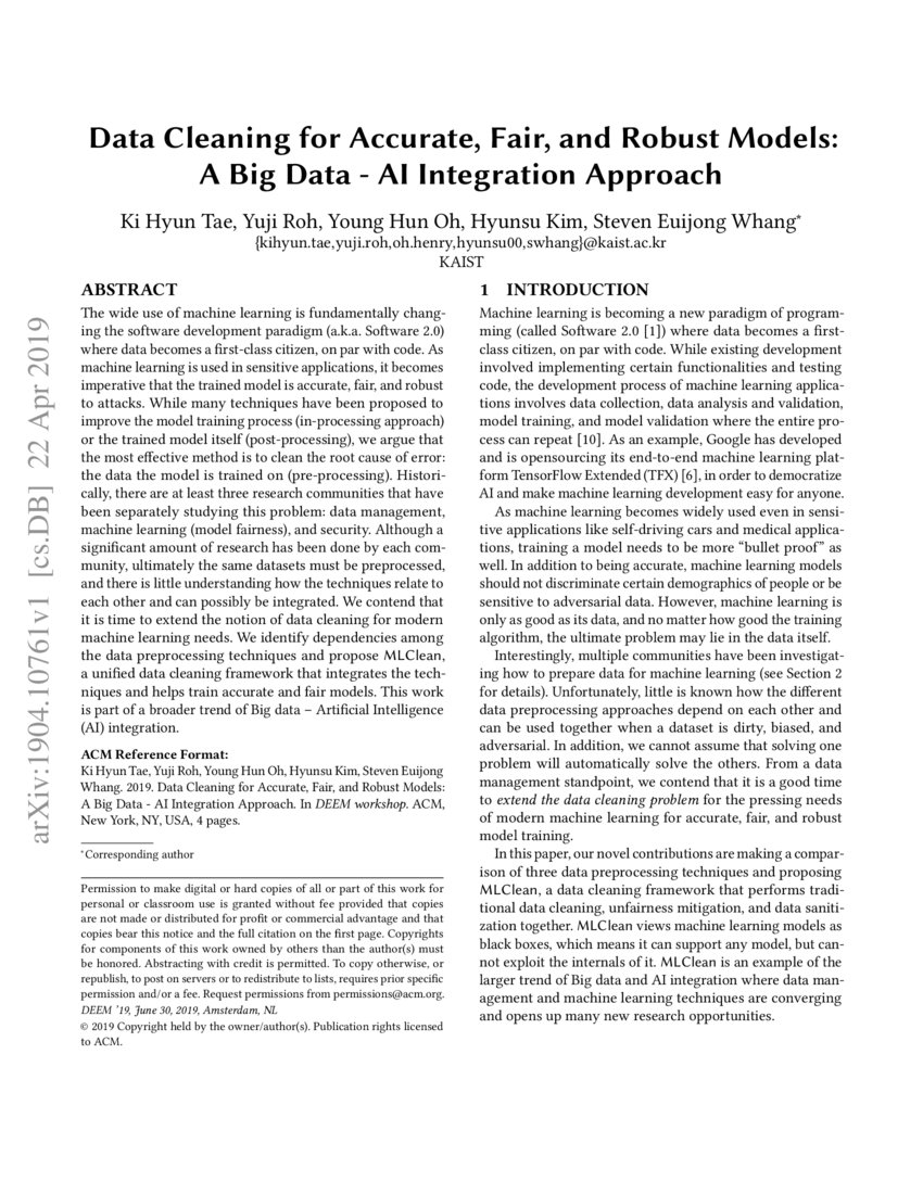 Data Cleaning For Accurate Fair And Robust Models A Big Data Ai Integration Approach Deepai