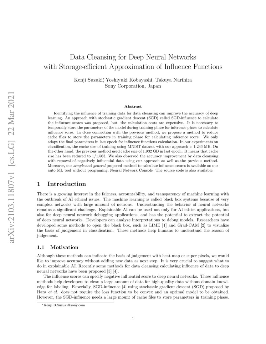 Data Cleansing for Deep Neural Networks with Storage-efficient Approximation of Influence ...
