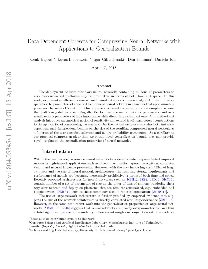 Data-Dependent Coresets for Compressing Neural Networks with Applications to Generalization ...