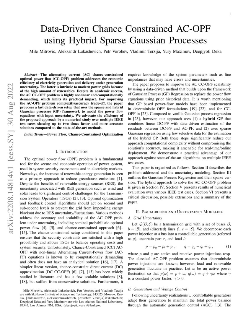 Data-Driven Chance Constrained AC-OPF using Hybrid Sparse Gaussian Processes | DeepAI