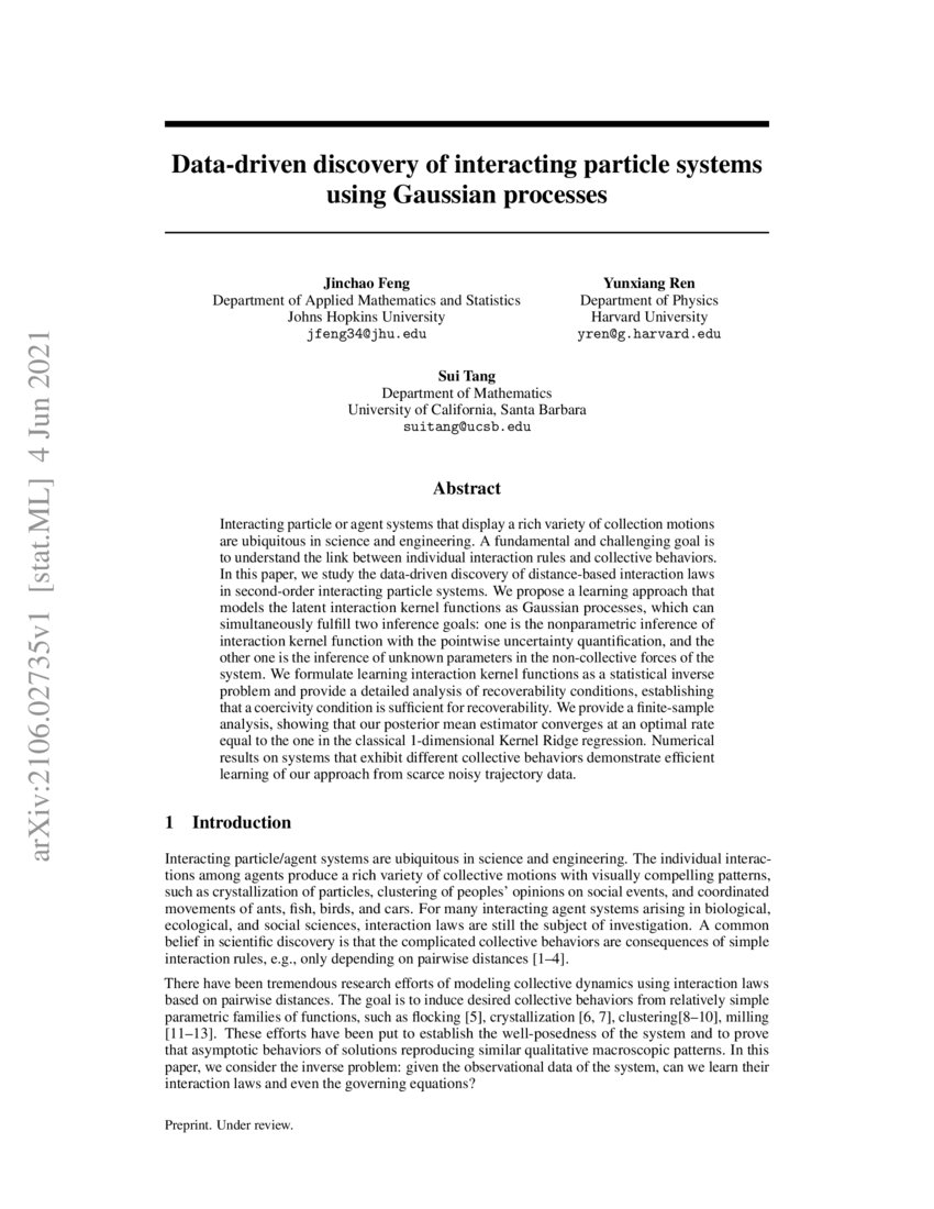 Data Driven Discovery Of Interacting Particle Systems Using Gaussian Processes Deepai