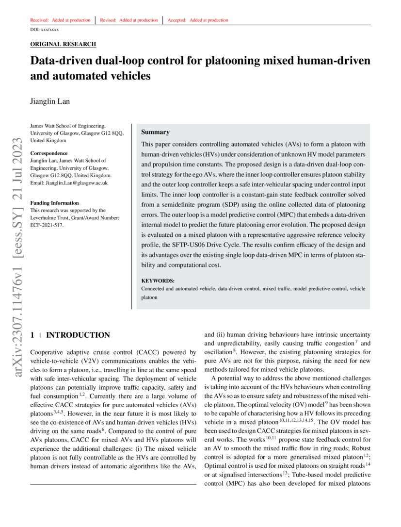 Data Driven Dual Loop Control For Platooning Mixed Human Driven And