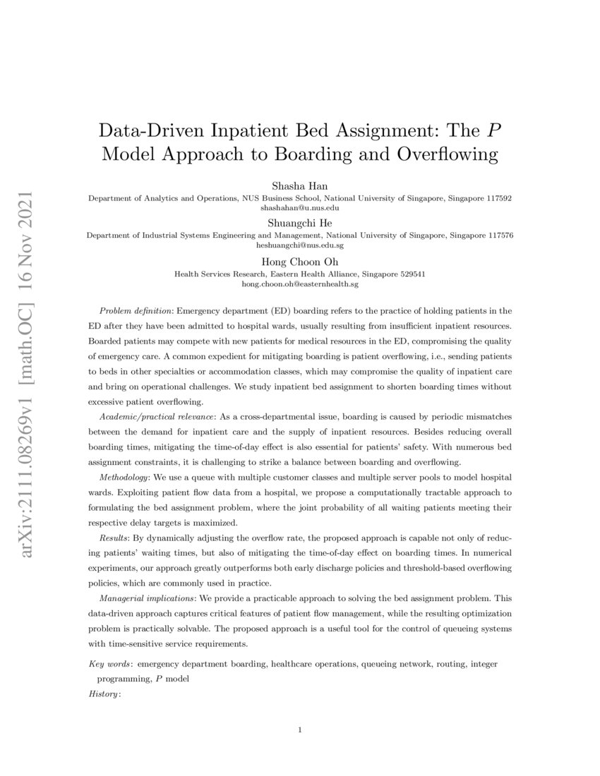 Data-Driven Inpatient Bed Assignment Using the P Model | DeepAI