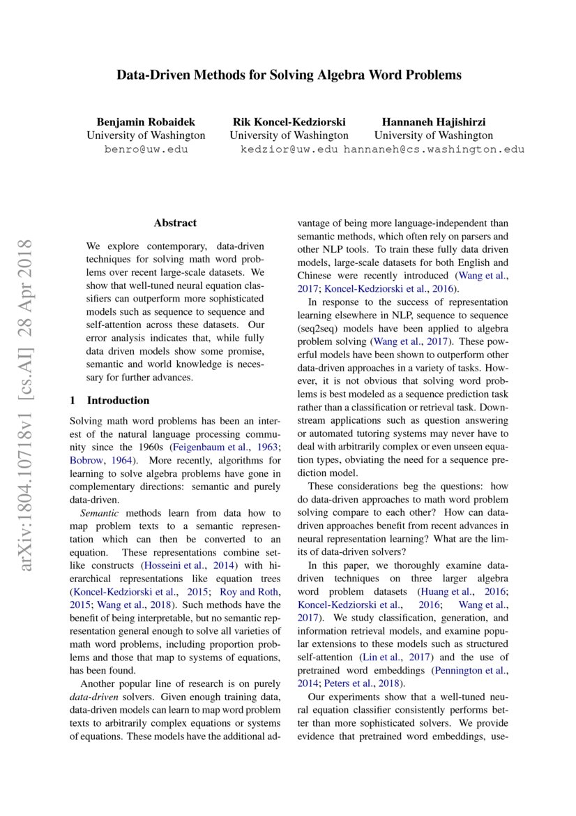Data-Driven Methods for Solving Algebra Word Problems | DeepAI