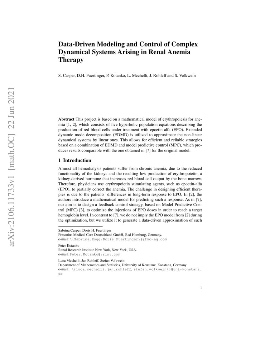 Data Driven Modeling And Control Of Complex Dynamical Systems Arising In Renal Anemia Therapy 