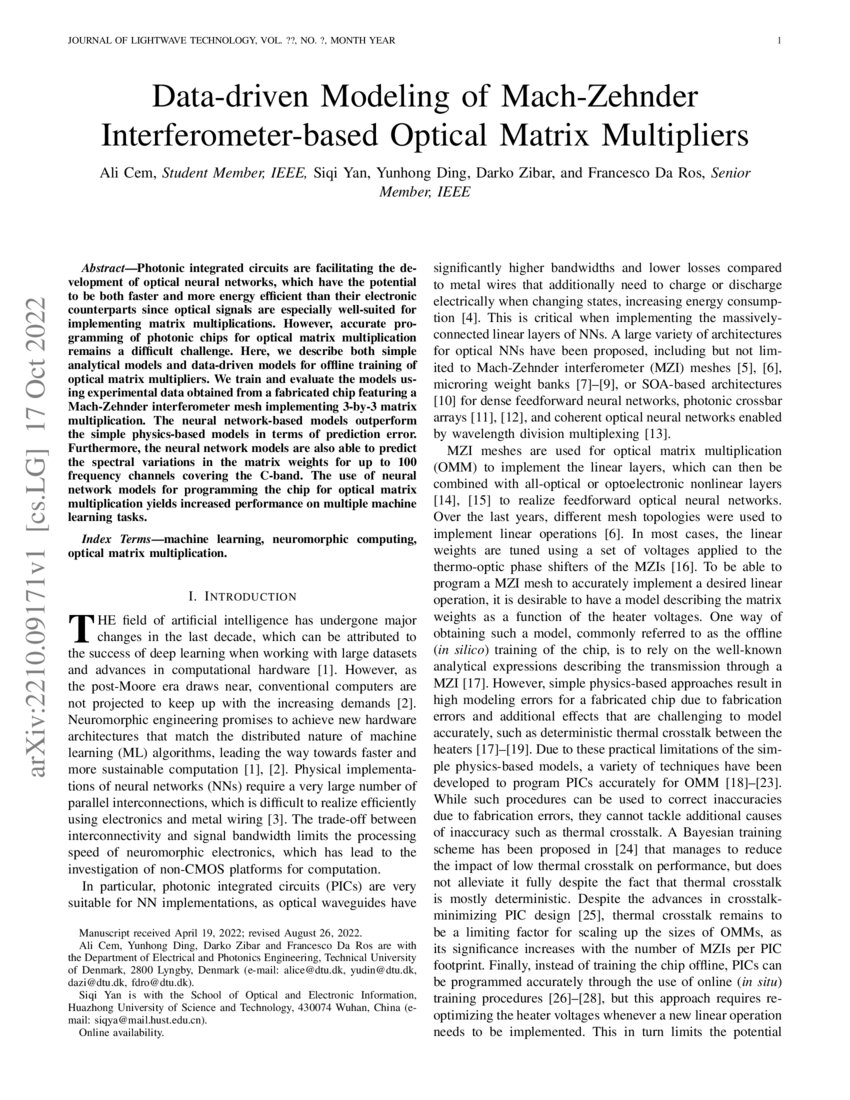 Data-driven Modeling of Mach-Zehnder Interferometer-based Optical Matrix Multipliers | DeepAI