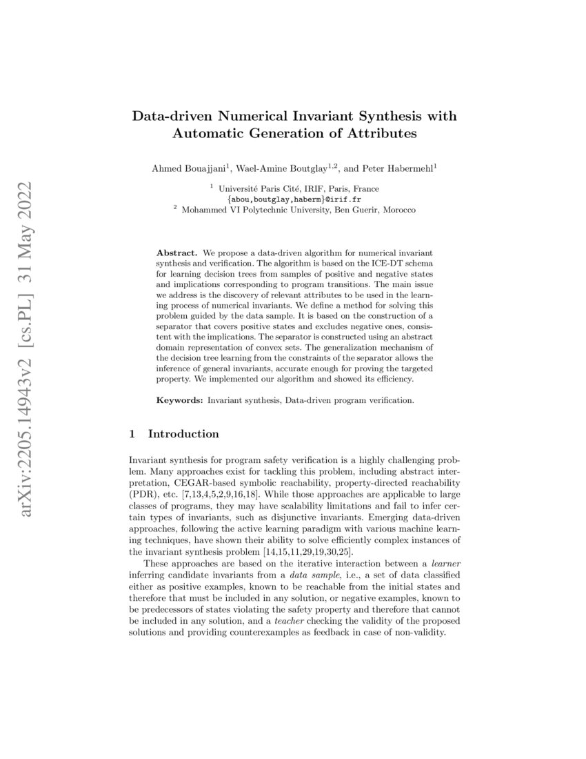 Data Driven Numerical Invariant Synthesis With Automatic Generation Of Attributes Deepai 