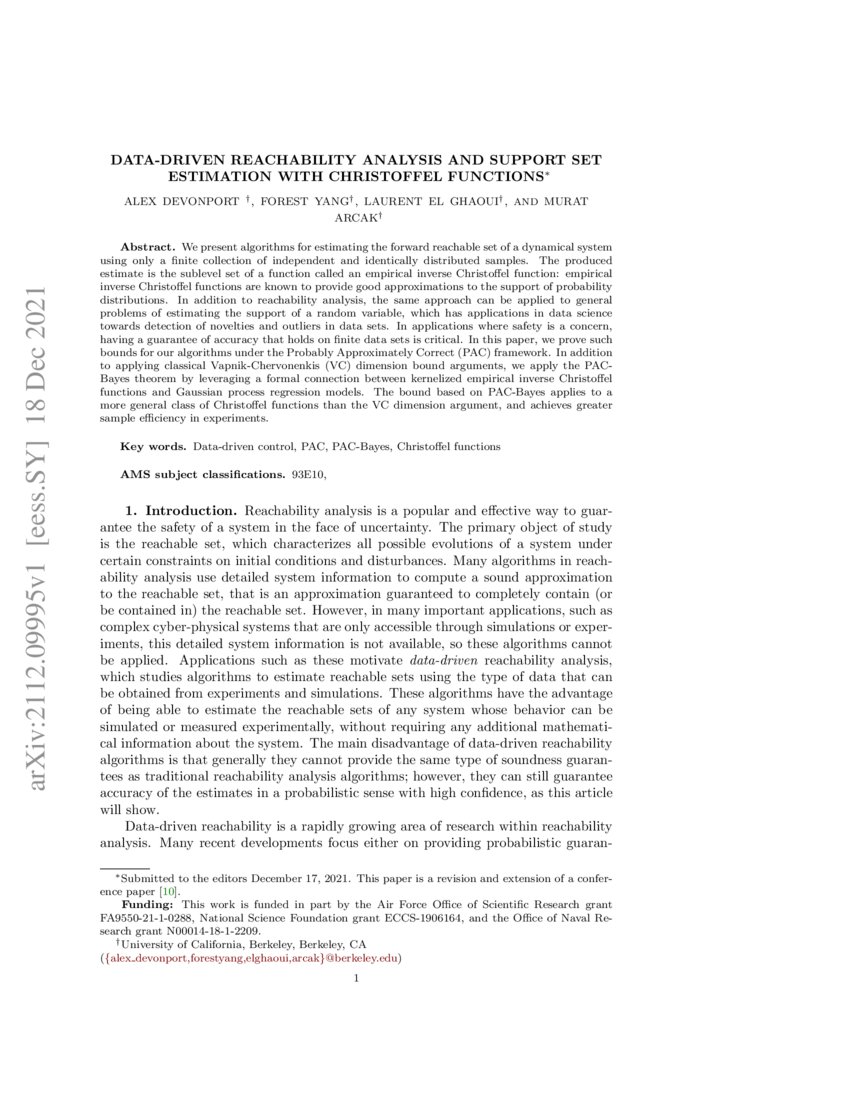 Data Driven Reachability Analysis And Support Set Estimation With