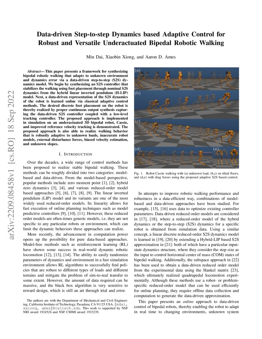 Data Driven Step To Step Dynamics Based Adaptive Control For Robust And Versatile Underactuated