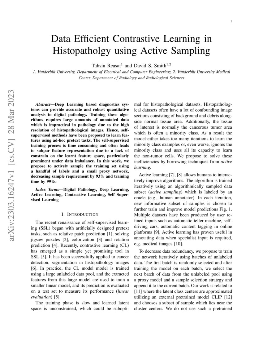 Data Efficient Contrastive Learning In Histopatholgy Using Active