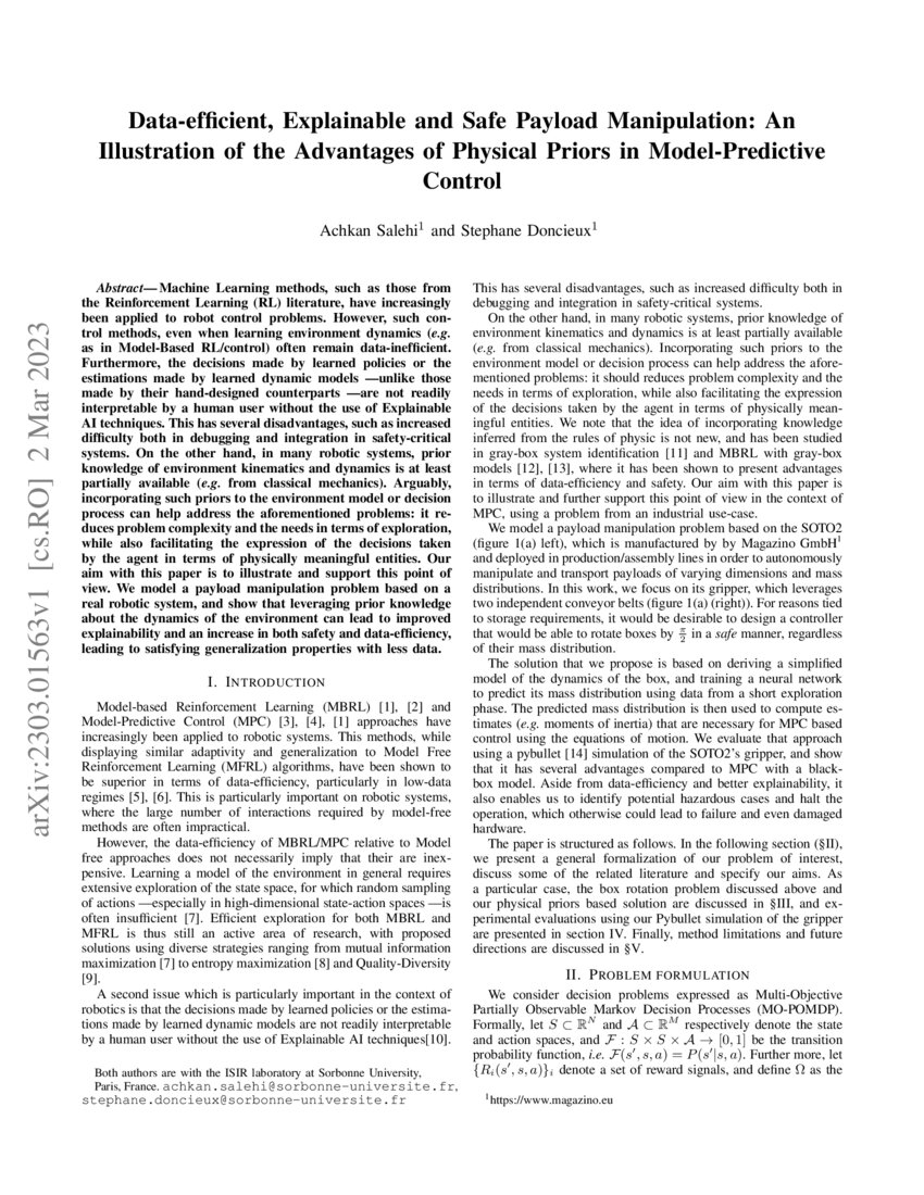 Data Efficient Explainable And Safe Payload Manipulation An Illustration Of The Advantages Of 