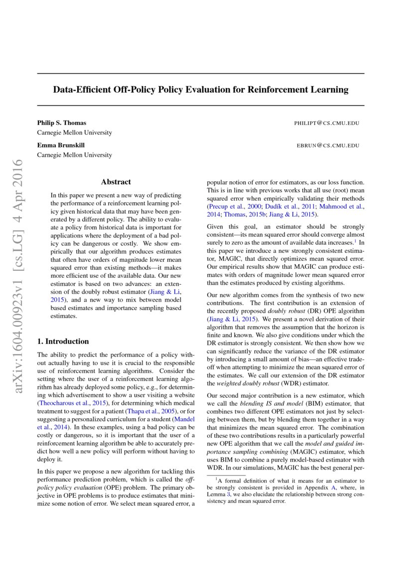 Data-Efficient Off-Policy Policy Evaluation for Reinforcement Learning ... Data-Efficient Off-Policy Policy Evaluation for Reinforcement Learning ...