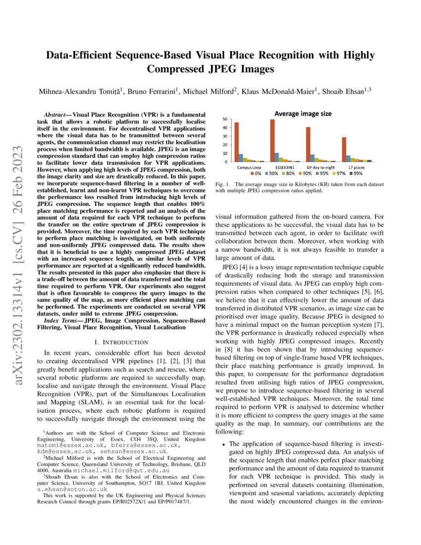 Data Efficient Sequence Based Visual Place Recognition With Highly Compressed Jpeg Images Deepai 3085