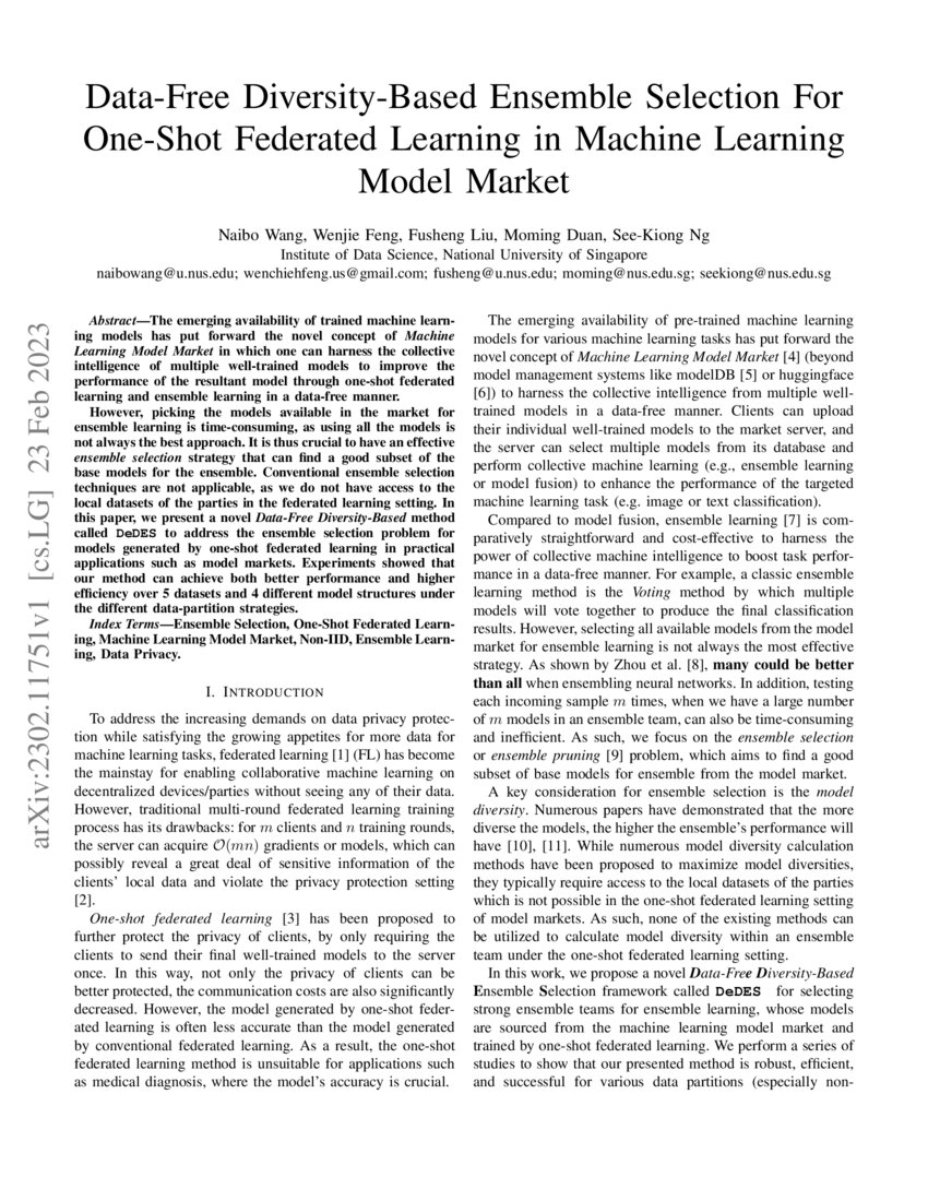 Data Free Diversity Based Ensemble Selection For One Shot Federated Learning In Machine Learning