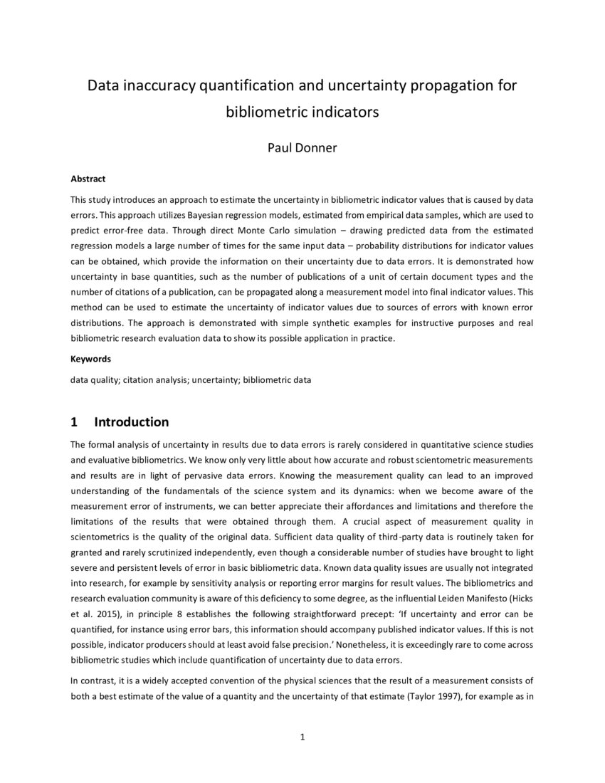 Data inaccuracy quantification and uncertainty propagation for bibliometric indicators | DeepAI