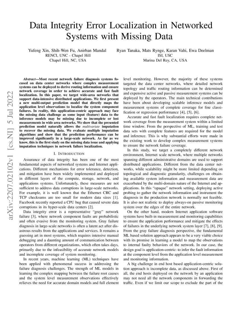 Data Integrity Error Localization In Networked Systems With Missing Data Deepai
