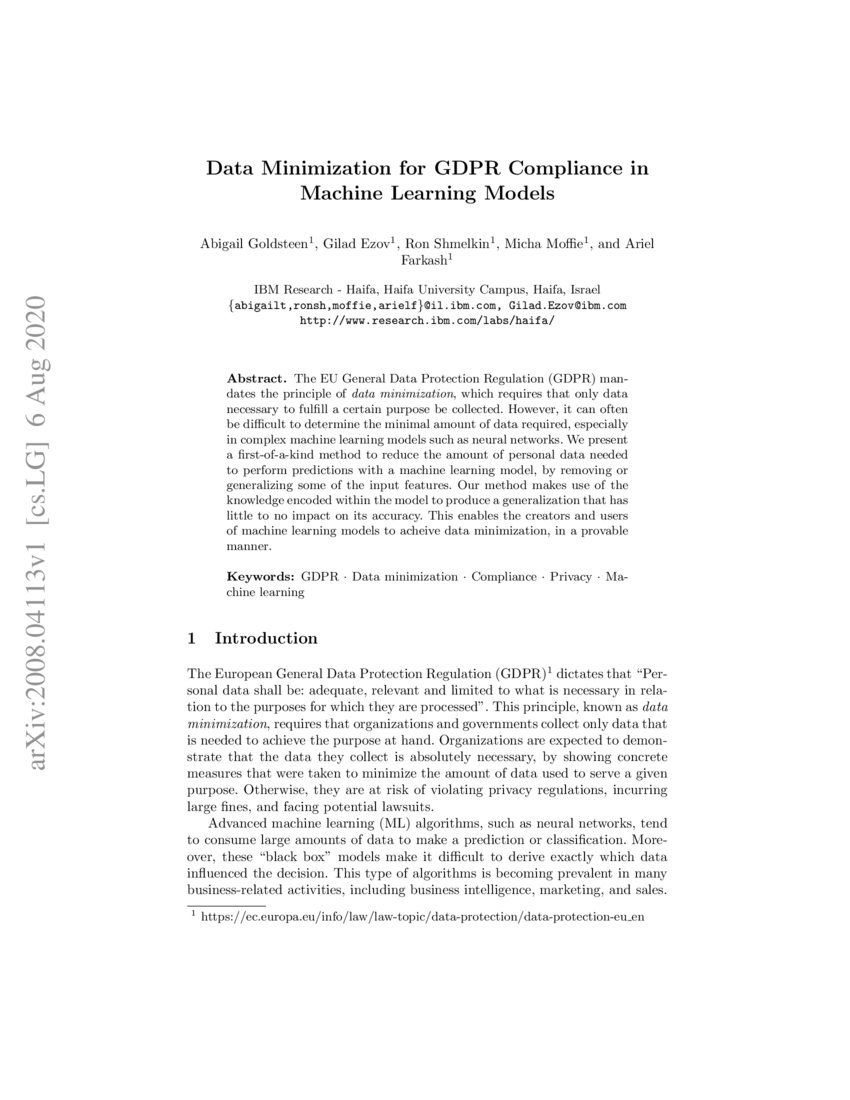 Data Minimization for GDPR Compliance in Machine Learning Models | DeepAI