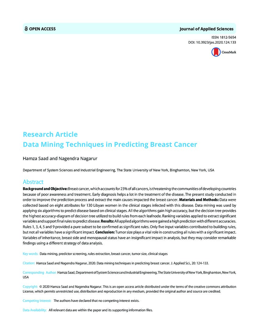 Data Mining Techniques In Predicting Breast Cancer Deepai