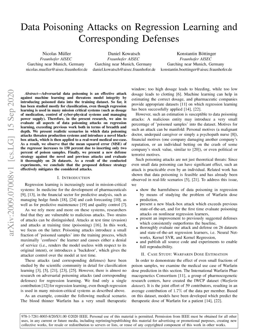 Data Poisoning Attacks on Regression Learning and Corresponding Defenses | DeepAI