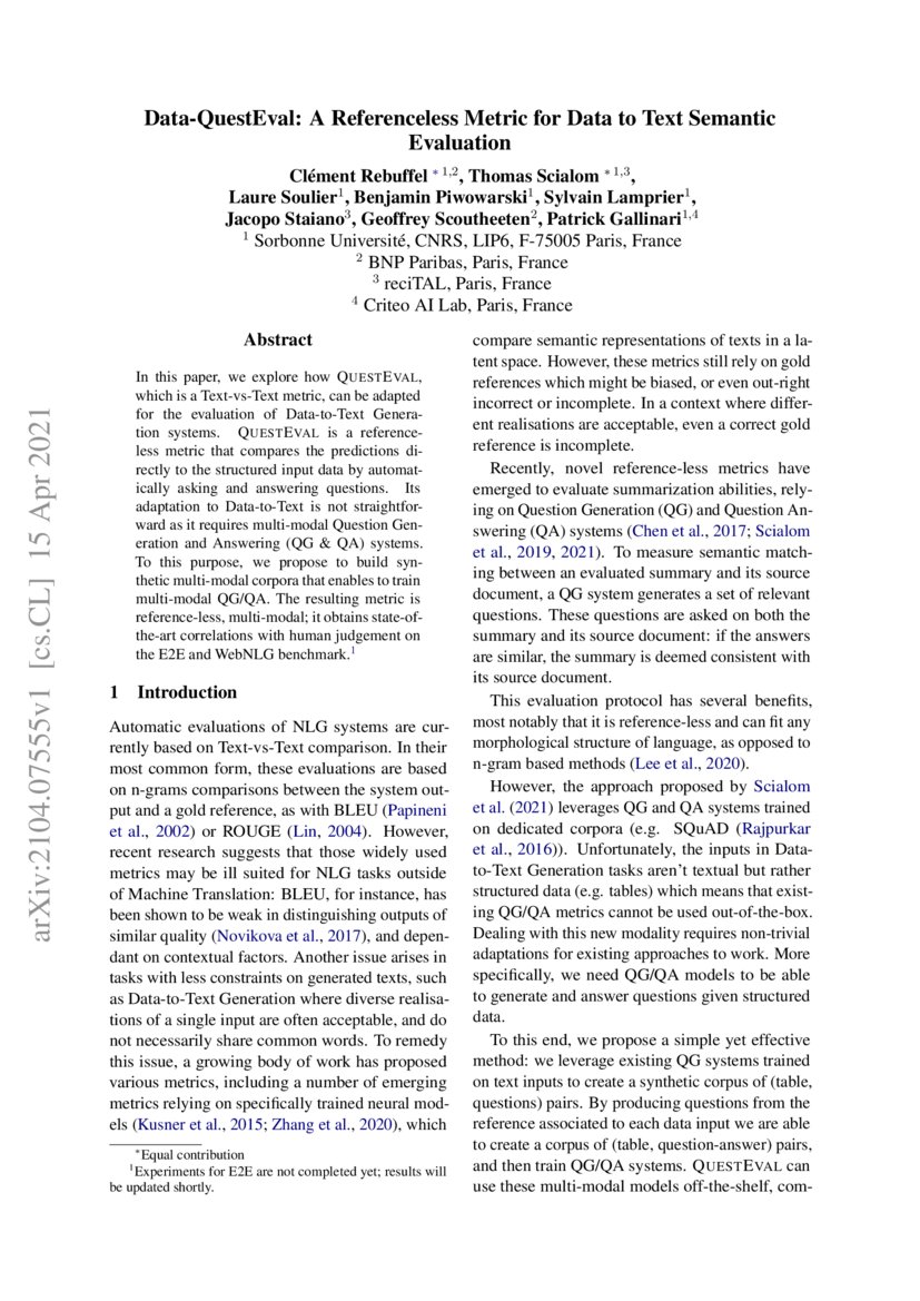 Data-QuestEval: A Referenceless Metric for Data to Text Semantic Evaluation | DeepAI