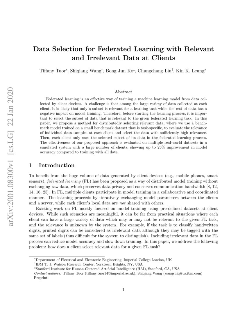 Data Selection for Federated Learning with Relevant and Irrelevant Data at Clients | DeepAI