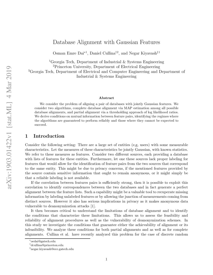 Database Alignment with Gaussian Features | DeepAI