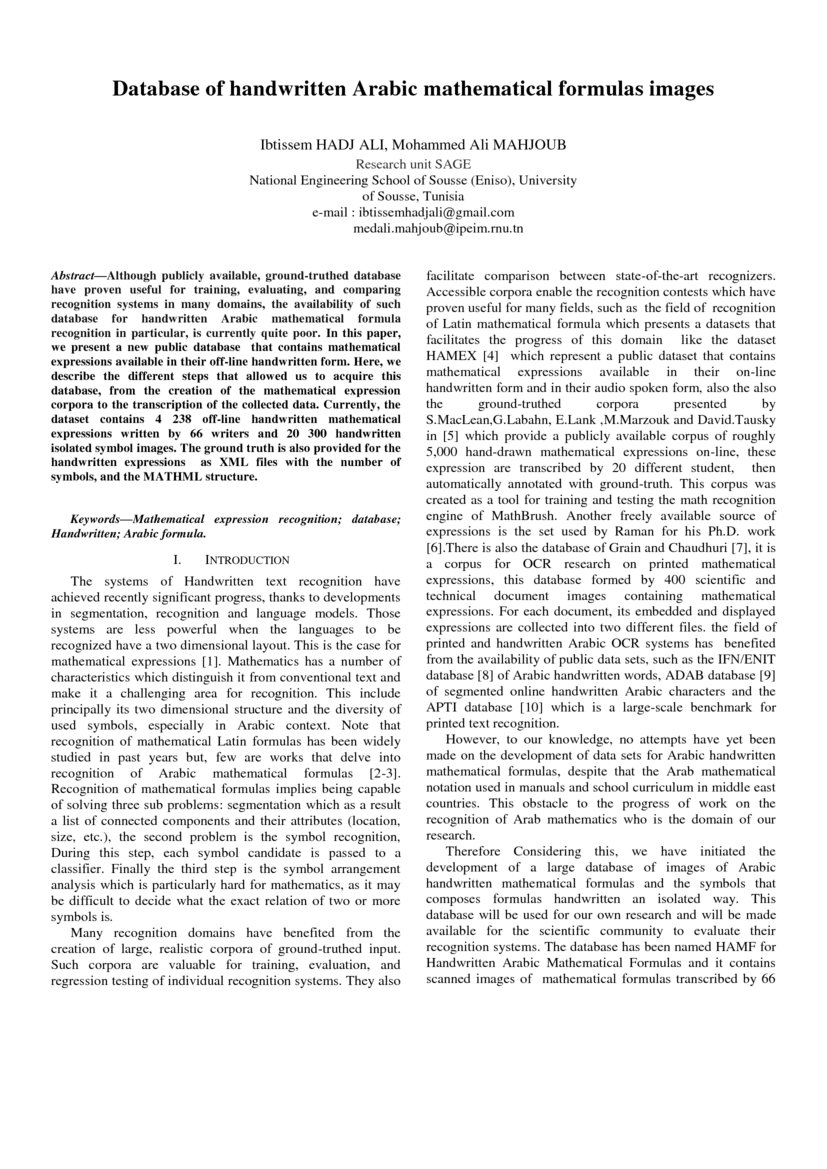 Database of handwritten Arabic mathematical formulas images | DeepAI