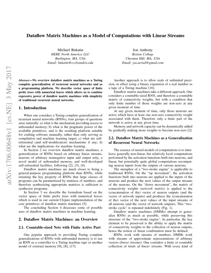 Dataflow Matrix Machines As A Model Of Computations With Linear Streams Deepai