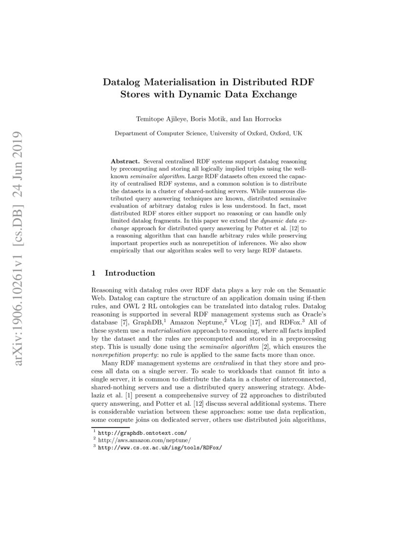 Datalog Materialisation in Distributed RDF Stores with Dynamic Data Exchange | DeepAI