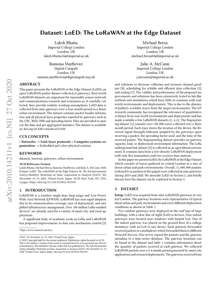 Dataset: LoED: The LoRaWAN at the Edge Dataset | DeepAI