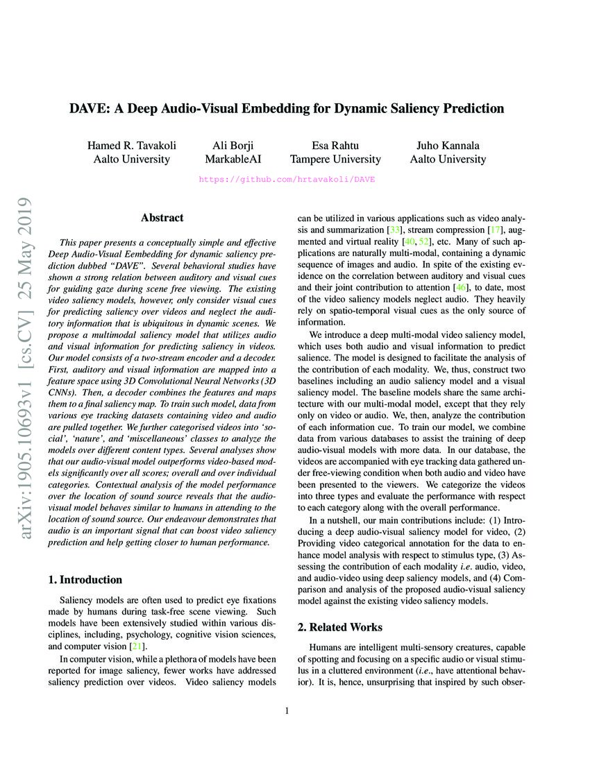 DAVE: A Deep Audio-Visual Embedding for Dynamic Saliency Prediction | DeepAI