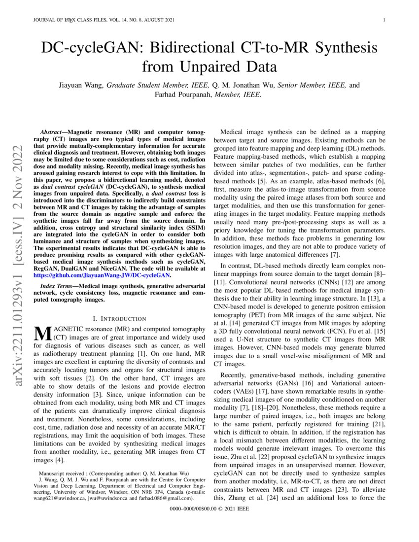 DC-cycleGAN: Bidirectional CT-to-MR Synthesis from Unpaired Data | DeepAI DC-cycleGAN: Bidirectional CT-to-MR Synthesis from Unpaired Data | DeepAI
