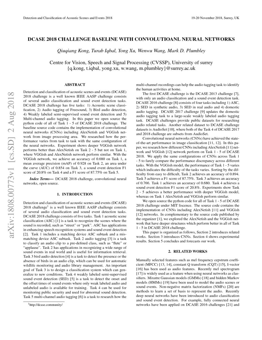 DCASE 2018 Challenge baseline with convolutional neural networks | DeepAI