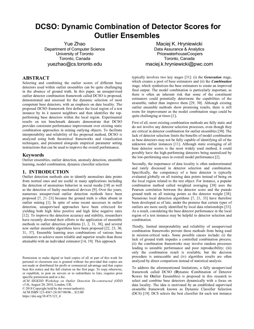 Dcso Dynamic Combination Of Detector Scores For Outlier Ensembles Deepai