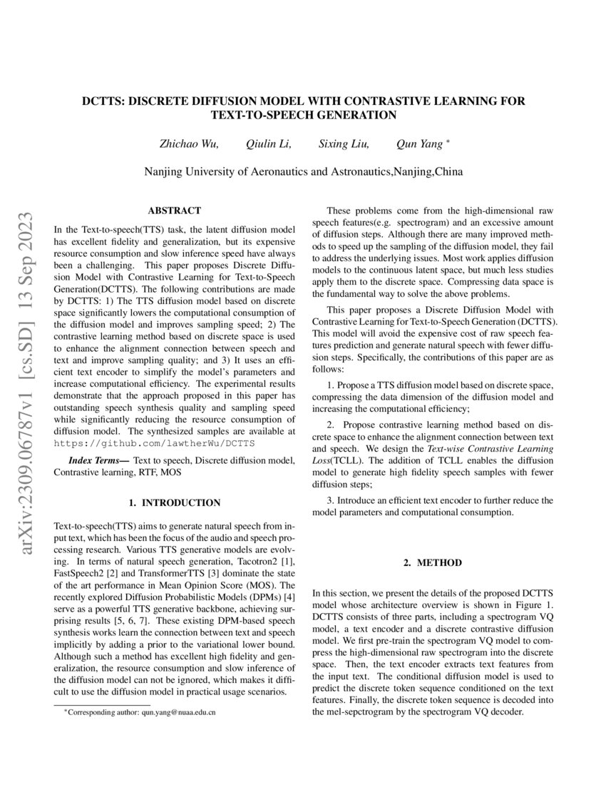 DCTTS: Discrete Diffusion Model with Contrastive Learning for Text-to-speech Generation | DeepAI