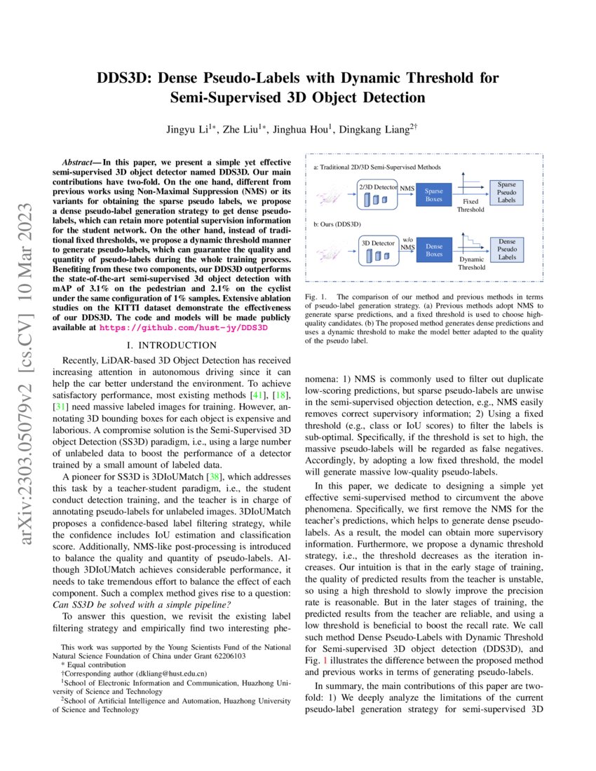 Dds3d Dense Pseudo Labels With Dynamic Threshold For Semi Supervised