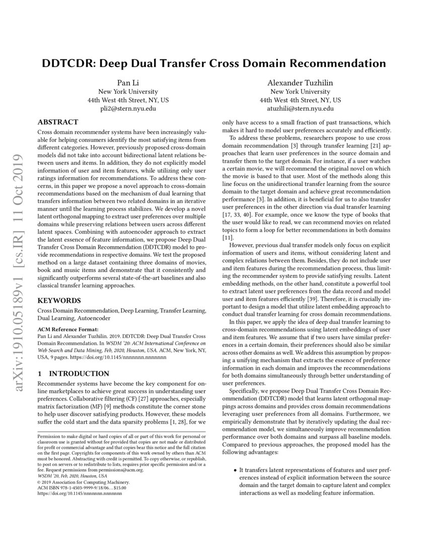 DDTCDR: Deep Dual Transfer Cross Domain Recommendation | DeepAI