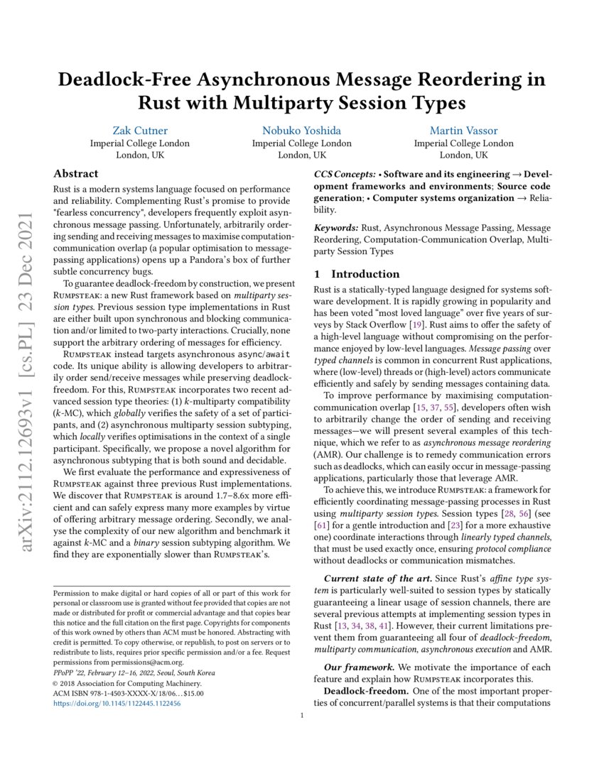 Deadlock Free Asynchronous Message Reordering In Rust With Multiparty Session Types Deepai 