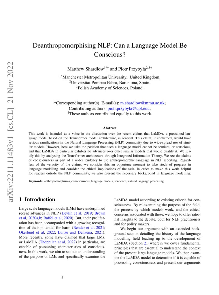 Deanthropomorphising Nlp Can A Language Model Be Conscious Deepai