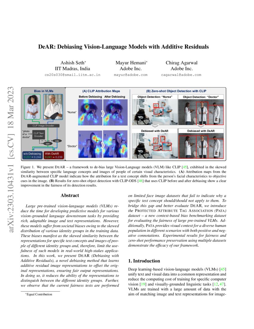 DeAR: Debiasing Vision-Language Models with Additive Residuals | DeepAI